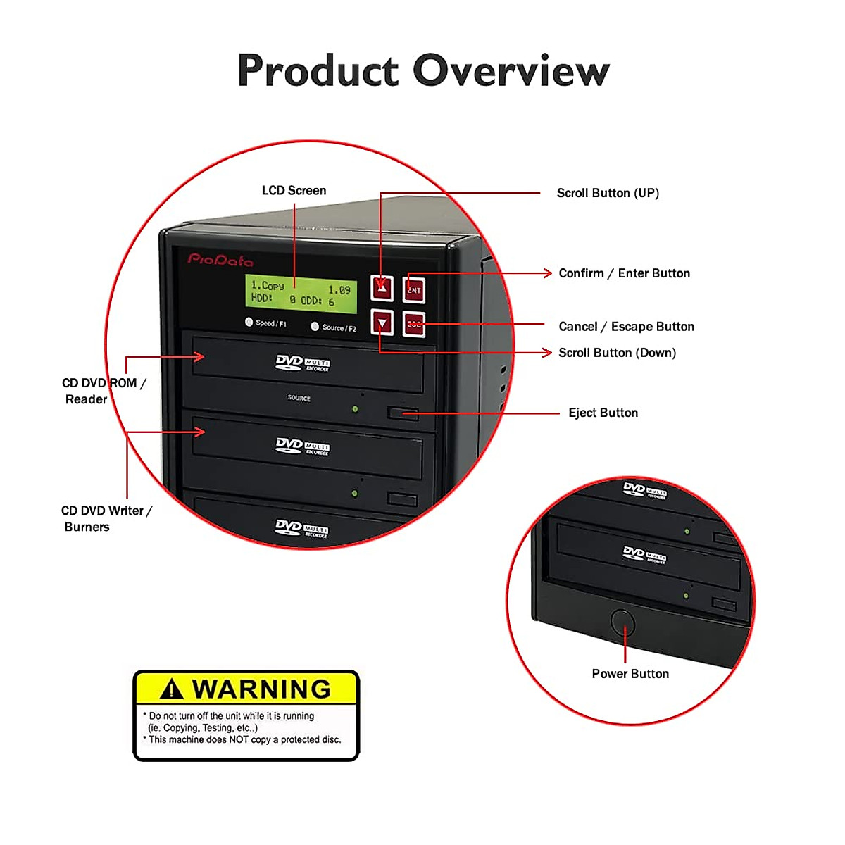 Piodata 1 to 5 24X Burner M-Disc Support CD DVD Duplicator - Standalone Copier Duplication Tower PIO-S5T-DVD-BK