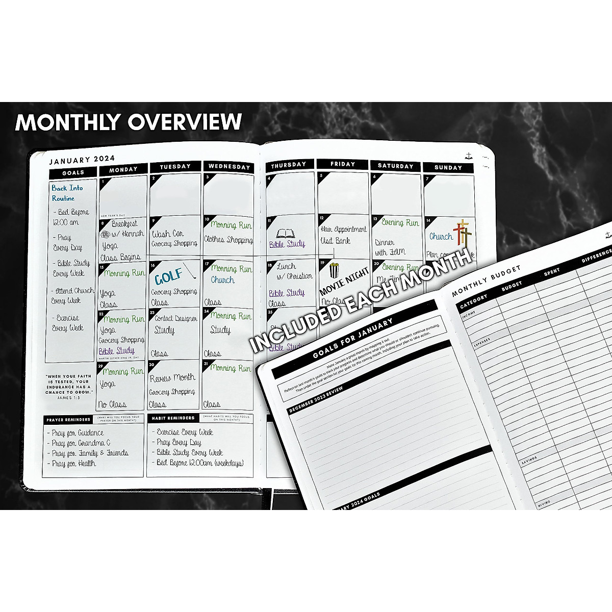 2024 Christian Daily Planner Black 7" x 10" Monthly and Weekly Planner, Journal & Church Companion w/ Metal Pen, No Bleed Paper, Scripture & More!