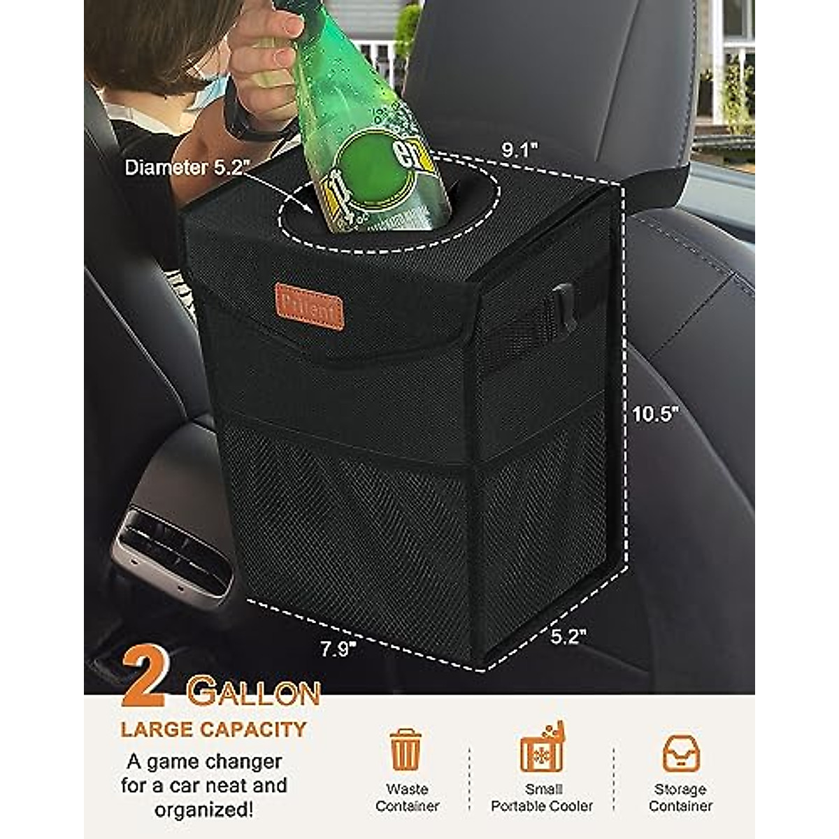Pritent Car Trash Can with Lid, Cute Leakproof Car Trash Garbage Bag Hanging Vehicle Trash Bin Small Portable Automotive Garbage Cans Organizer for Back/Front Seat/Console(Trapezoid,Black)