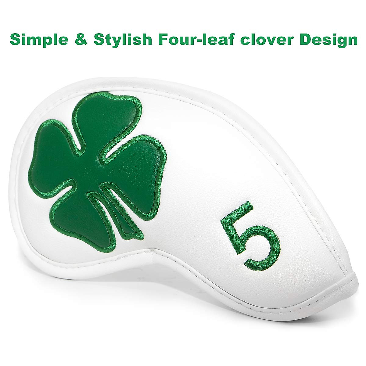 Golf Iron Covers,Golf Iron Head Covers Leather Golf Iron Covers Set 10pcs Golf Iron Headcovers,Lucky Clover Golf Club Head Covers for Iron with Magic Tape Fit All Brands Titleist,Callaway,Ping (White)