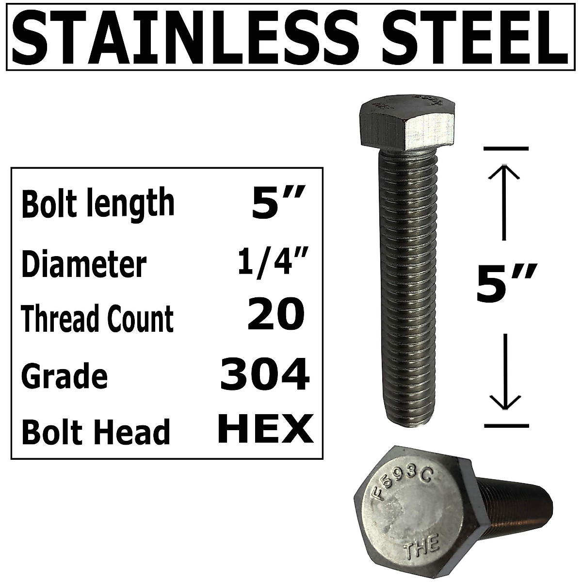 1/4" - 20 x 5-304-STAINLESS Steel Bolts, Nuts & WASHERS - 18-8 HEX Head Bolt - 304 Grade. General Purpose (10) Bolts + (10) Nuts + (10) Washers