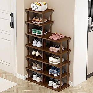 Vertical Shoe Rack - Tall Narrow Shoe Rack Organizer for Small Spaces,7 Tier Bamboo Shoen Shelf for Entryway,Closet,Corner,Doorway,Skinny Shoe Shelf Space Saving Shoe Storage,Free Stackable DIY…