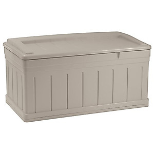 Suncast DB9750 129 Gallon Large Waterproof Outdoor Storage Container for Patio Furniture, Pools Toys, Yard Tools Extended Deck Box, H27 1/2, w/Lid and Seat, Taupe