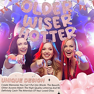 Fulmoon Set of 3 Pre Strung Older Wiser Hotter Glitter Banner Funny Birthday Banner for Women 30th 40th 50th 60th 70th 80th Birthday Party Decorations Birthday Sign Birthday Gift (Rose Gold)