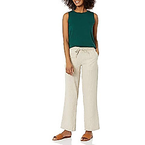 Amazon Essentials Women's Linen Blend Drawstring Wide Leg Pant (Available in Plus Size), Ecru Stripe, Small
