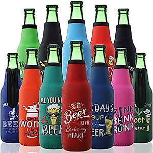 Summer Beer Bottle Insulator Sleeve with Zipper Neoprene Insulated Bottle Jackets Keep Warm and Cold Beer Bottle Sleeves with Stitched Fabric Edges for Party (12 Piece, Bright Style)