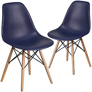 Flash Furniture 2 Pack Elon Series Navy Plastic Chair with Wooden Legs for Versatile Kitchen, Dining Room, Living Room, Library or Desk Use