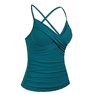 Firpearl Women Underwire Bathing Suit Top Wrap Twist V Neck Swimsuits Ruched Slimming Tankini Top Enamel Blue US16