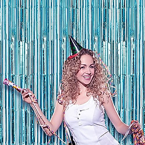 3 Pack Foil Fringe Backdrop Curtains - Light Blue Tinsel Streamers for Birthday Graduation Class Disco Bachelorette New Year Party Decorations