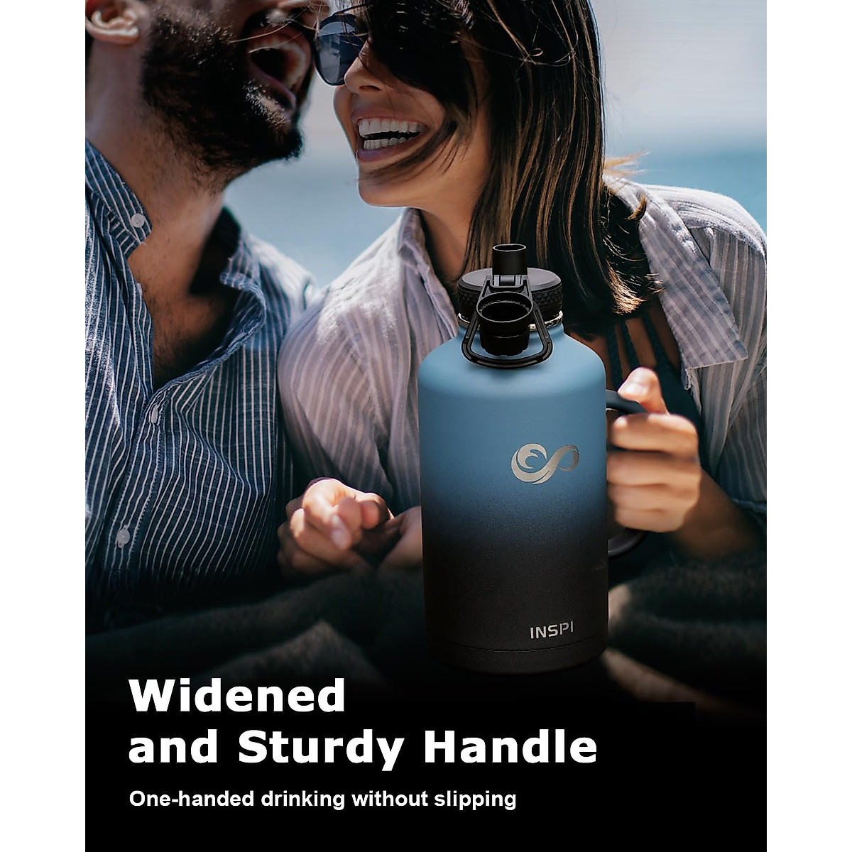 64oz Water Bottle Insulated with Straw & 2 Lids, INSPI Double Wall Vacuum Stainless Steel Metal Large Jug with Handle, Wide Mouth Flask Mug with Carry Pouch, Keep Cold Hot for Travel, Indigo Black