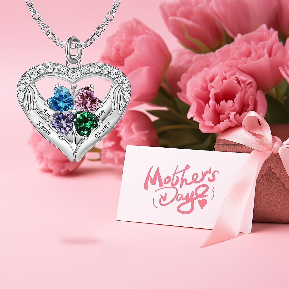 ORFANDE Personalized Mothers Necklace with 1-6 Names and Simulated Birthstones Custom Heart Pendant Necklace for Mom Personalized Mother Necklace for Christmas (6 Names)