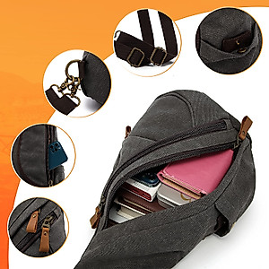 LOVEVOOK Sling Bag Canvas Crossbody Backpack Genuine Leather Shoulder Bag Casual Daypacks For Men Cycling Hiking Travel