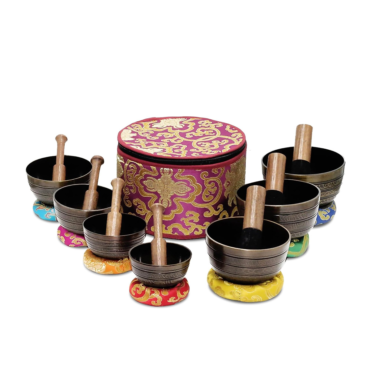 Sanskar Nepal - Tibetan Singing Bowl Set of 7, Handcrafted Singing Bowl for Meditation & Holistic Healing, Yoga Accessories, 3-5” Brass Singing Bowls with Wooden Striker, Cushion & Yellow Carry Box
