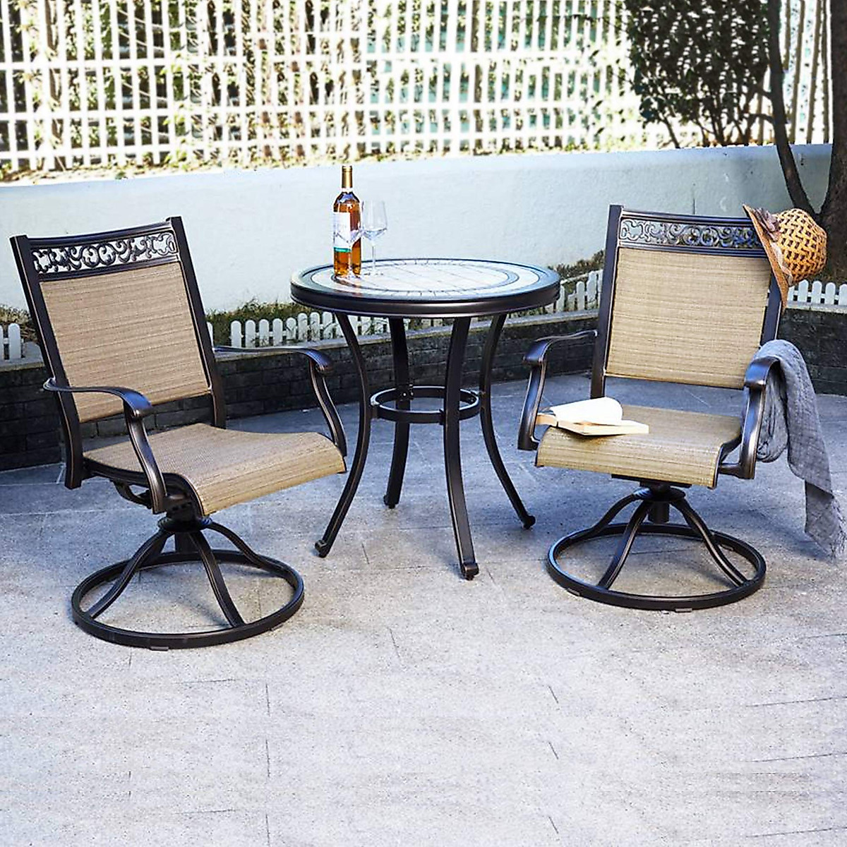 DALI 3 Piece Bistro Set, Handmade Contemporary Round Table Swivel Rocker Chairs Garden Backyard Outdoor Patio Furniture