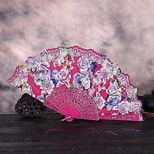 DUO ER Chinese Style Hand Held Folding Dance Fan Wedding Party Lace Folding Hand Held Flower Fan Summer Wedding Fan Party (Color : Blue)