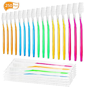 250 Pcs Disposable Toothbrushes Individually Wrapped Toothbrushes Bulk Travel Size Toothbrush Soft Bristle Tooth Brushes Set Medium Manual Packaged Toothbrushes for Adult Kid Hotel Toiletries, 5 Color
