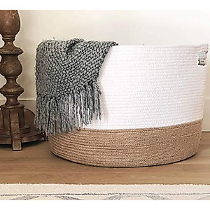 Chloe and Cotton XXXL Extra Large Woven Rope Storage Basket 15 x 21 inch Jute White Handles | Decorative Laundry Clothes Hamper, Blanket, Towel, Baby Nursery Diaper, Toy Bin Cute Collapsible Organizer