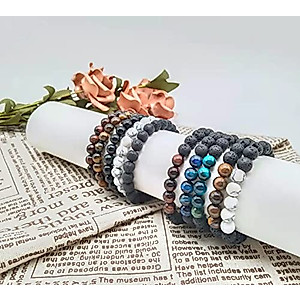 WAINIS 10 Pcs 8mm Gemstones Beaded Bracelets for Men Women Lava Stone Essential Oil Diffuser Healing Stretch Round Bead Crystal semi-precious Bracelets Unisex