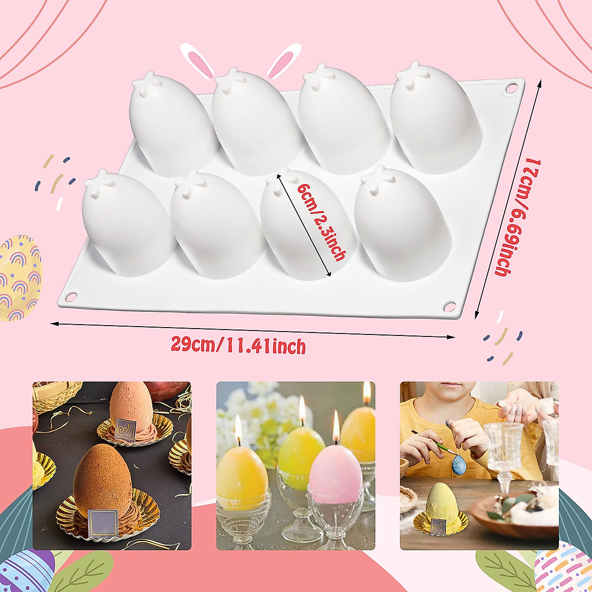 ONNPNN 8 Cavity Easter Egg Silicone Mold, Egg Shape Chocolate Candy Fondant Molds, 3D Food Shape French Dessert Moulds, Creative Easter Eggs Ice Cube Baking Tray for Soap Resin Lotion Bar
