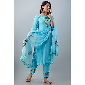 JG Women's Ethnic Wear Collection Rayon Straight Embridered Kurti & Pant Set With Dupatta Readymade Salwar Suit For Women Casual Wear(Blue-XX-Large Size)
