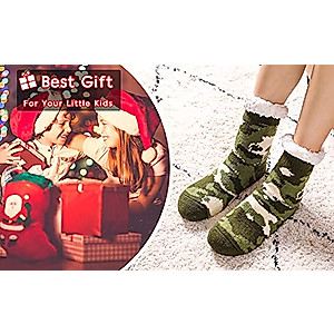 Kids Boys Girls Fuzzy Slipper Socks Soft Warm Thick Fleece lined Christmas Stockings For Child Toddler Winter Home Socks (Green Camouflage, 5-8 Years)