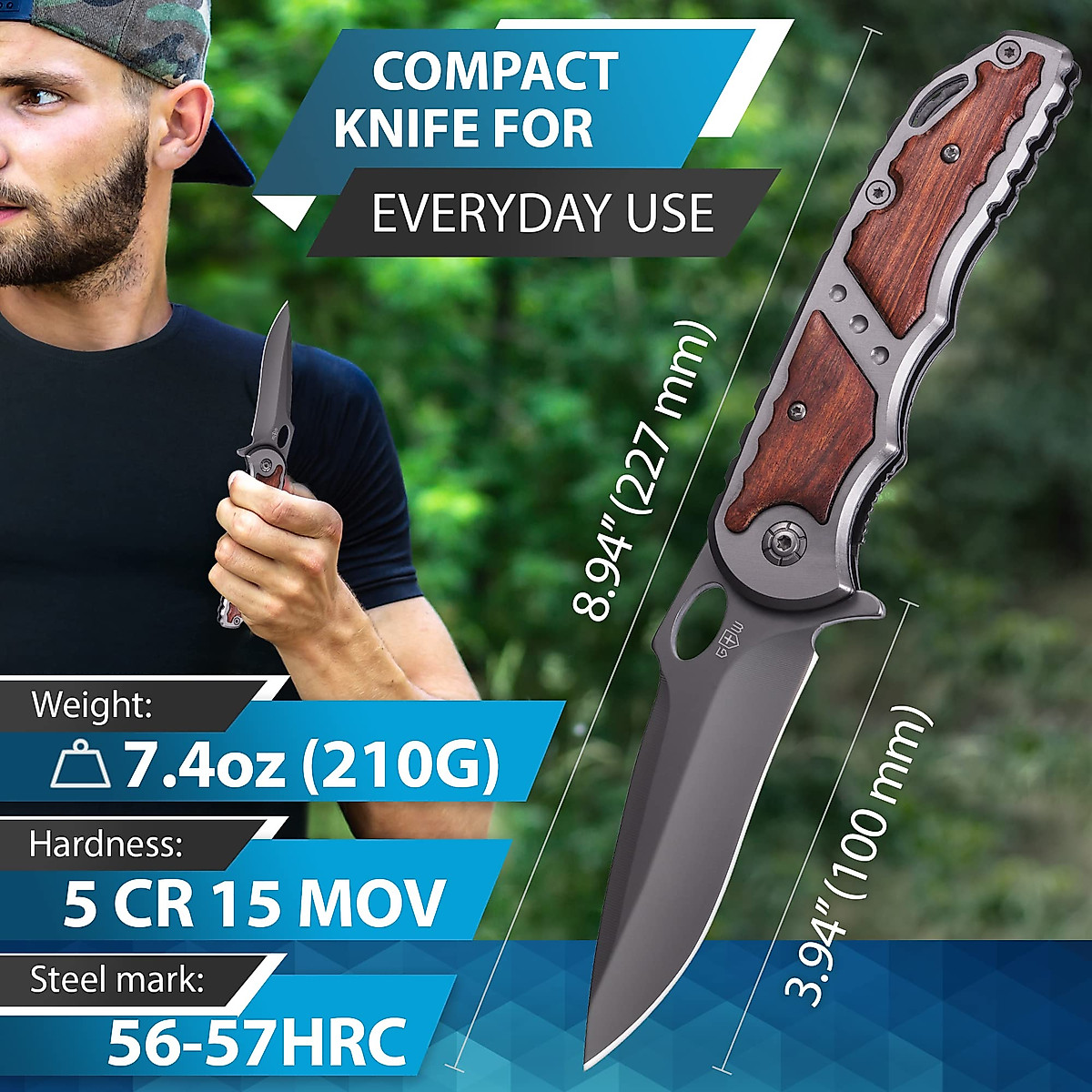 Grand Way Bundle of 2 Items - Pocket Knife - Best EDC Camping Hiking Hunting Knofe Gear Accessories for Men Wood Handle Sharp Blade Knifes - Gift for Men