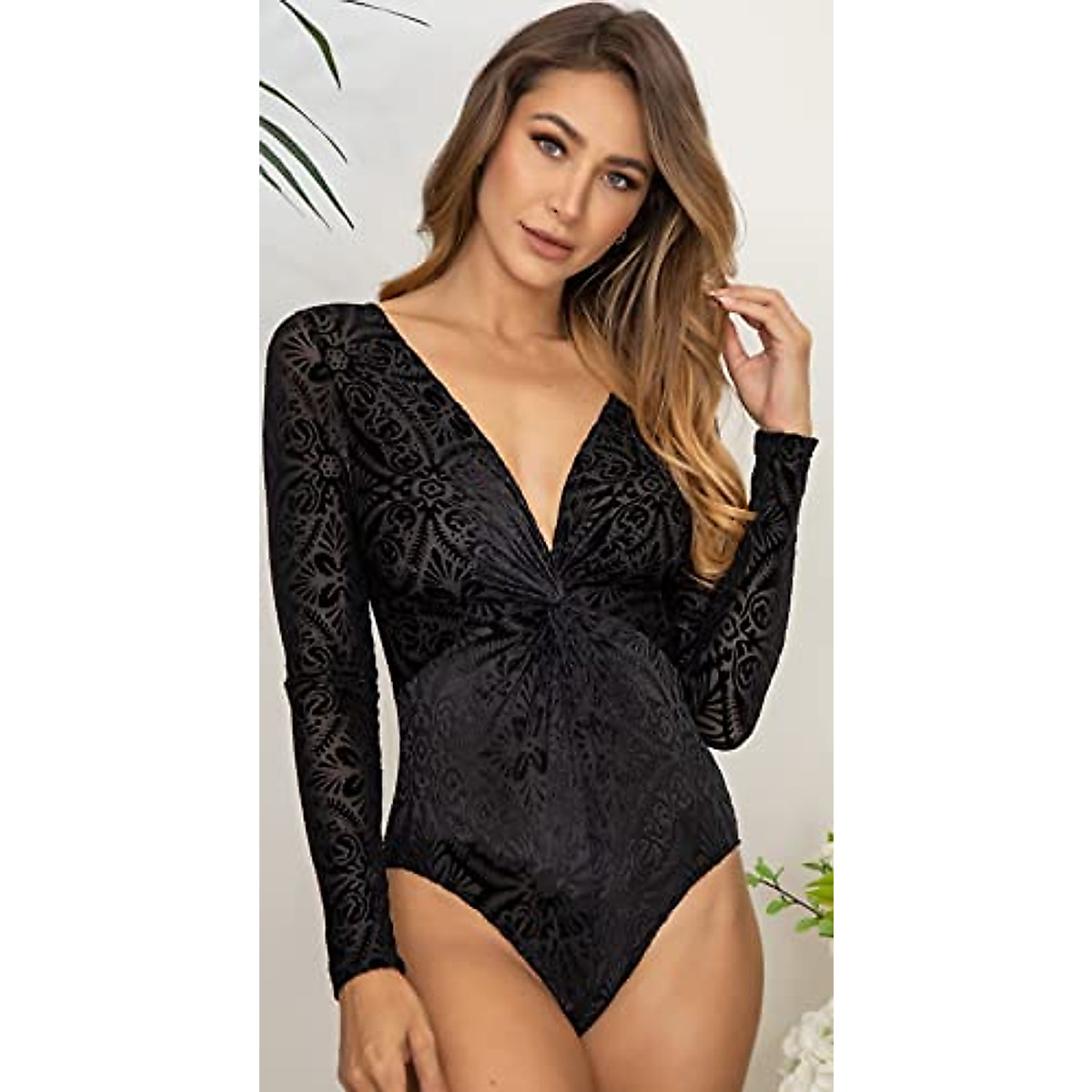 Avery Rose - Dominique Sexy Long-Sleeved Black Burnout Velvet Twisted V-Neck Bodysuit (Small), Made in USA