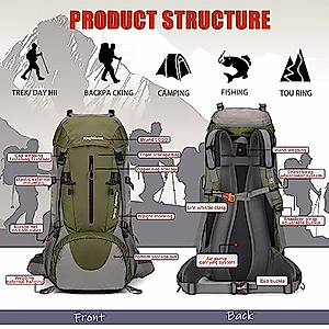 ALFREVER 70L Hiking Backpack, Waterproof Camping Essentials Bag, Lightweight Hiking Backpacking Back Outdoor Travel Pack (Forest green)