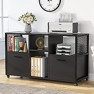 Tribesigns 2 Drawer Wood File Cabinets, Modern Mobile Lateral Filing Cabinet for Letter/ A4 Size, Printer Stand with Open Storage Shelves and Drawer for Home Office, Black