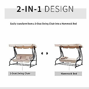 Outdoor 3-Person Patio Porch Swing Hammock Bench with Adjustable Canopy Beige