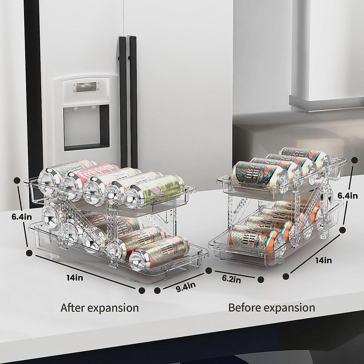 Jsyrjing Drink Organizer for Fridge Soda Holder for Refrigerator Can Dispenser,Adjustable Width Can Holders for Fridge Suitable for Storage Cabinet and Pantry Clear (2 Pack)