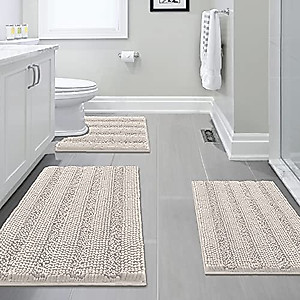 H.VERSAILTEX 3 Piece Bathroom Rugs Sets Thick Striped Bath Rugs Set for Bathroom Non Slip Soft Absorbent Bath Mat Set for Tub, Shower and Toilet(17''x24''+20''x32''+20''x24'' U-Shaped, Ivory)