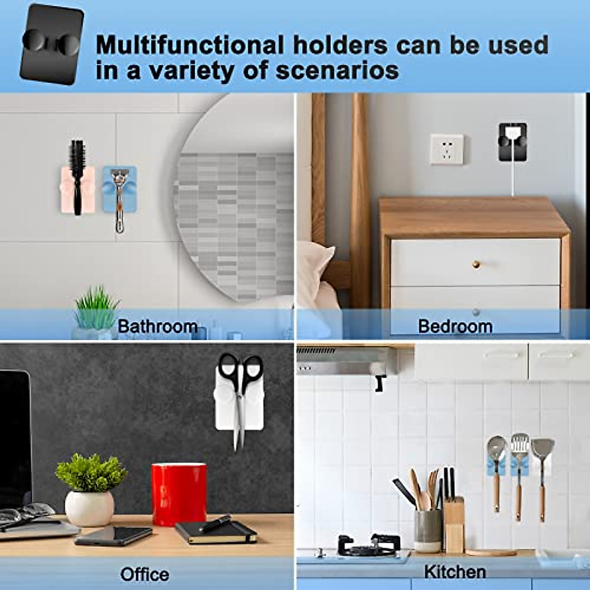 4 Pack Razor Holder for Shower Wall Mount, Adjustable Waterproof Self Adhesive Shaver Holders, Razor Holder Compatible with Most of Shavers, for Key, Plug, Makeup Brush, Bathroom Kitchen Organizer