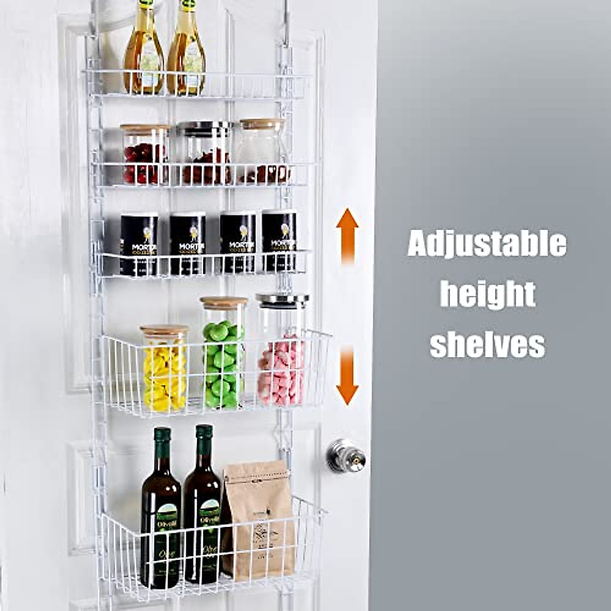 Judecude 6-Tier Over the Door Pantry Organizer, Hanging Storage Metal Rack with 6 Adjustable Medium Basket, Closet Organization Kitchen Spice Rack with Adhesive Clips, White