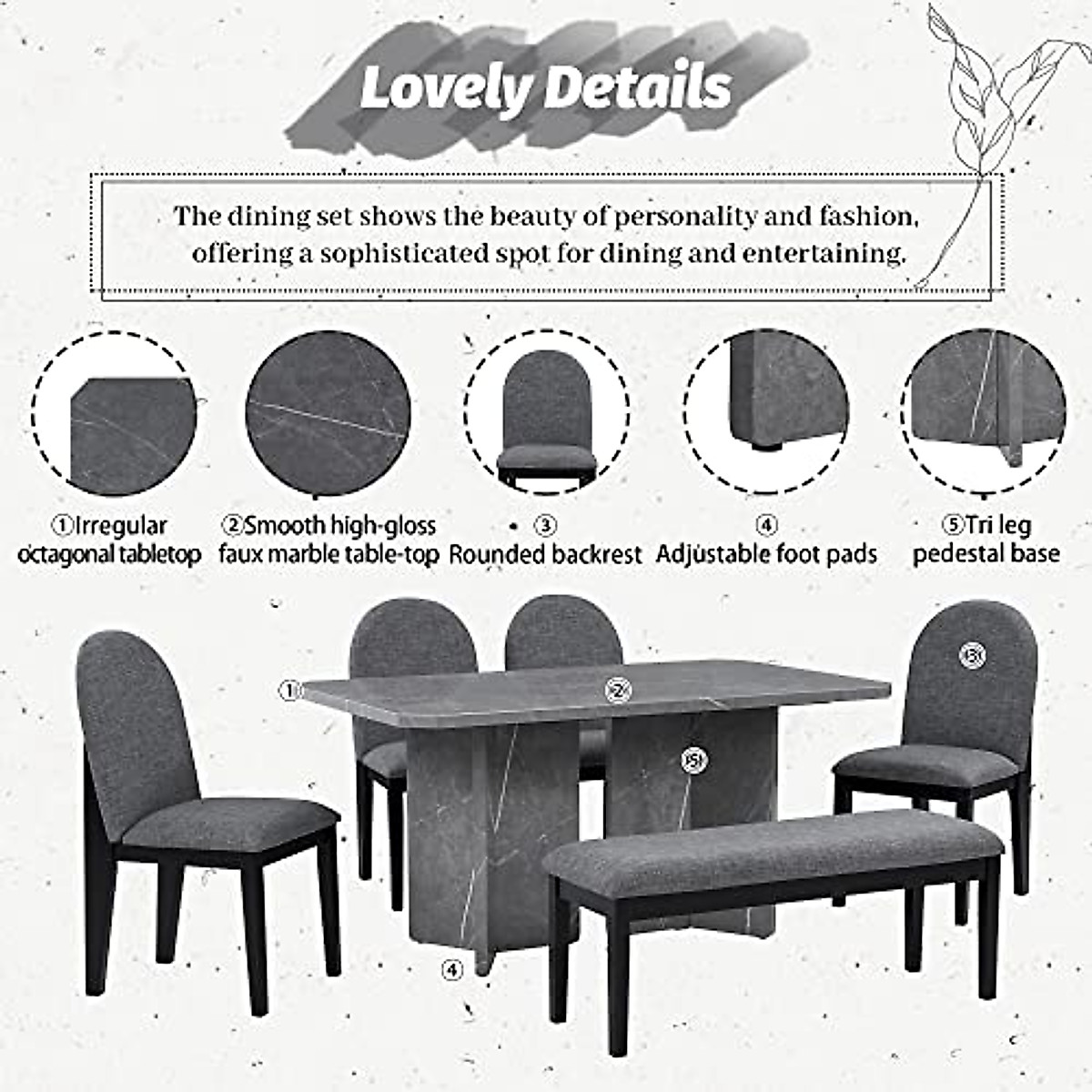 Prohon 6-Piece Set with Faux Marble Table and 4 Upholstered Dining Chairs & 1 Bench, Modern Style Furniture for Small Space, Kitchen, Living Room, Breakfast Nook, Gray
