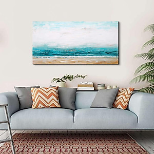 AIYISU Blue Abstract Canvas Oil Painting Wall Art Ocean Beach Hand Painted Wall Art Seascape Picture Textured Wall Decor Coastal Landscape Artwork for Living Room Bedroom Office Home Decoration 24x48