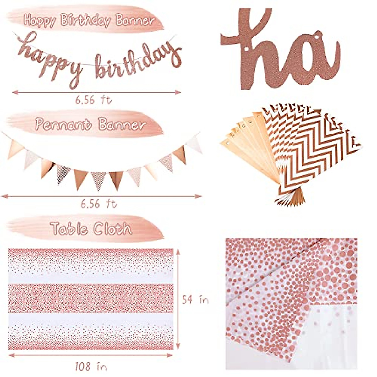Rose Gold Birthday Decorations, Happy Birthday Banner Rose Gold, Rose Gold Balloons, Rose Gold Tablecloth Fringe Curtains, Pennant Banner and 3D Butterfly Stickers for Women Girls Birthday Party Supplies