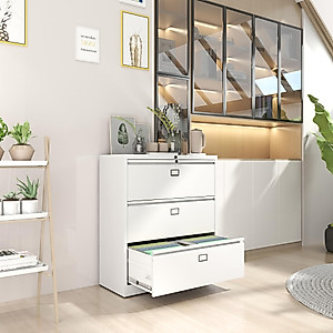 VIYET Lateral File Cabinet with Lock,3 Drawer Metal Filing Cabinets for Home Office,Storage Cabinet for Hanging Files Letter/Legal/F4/A4 (White)