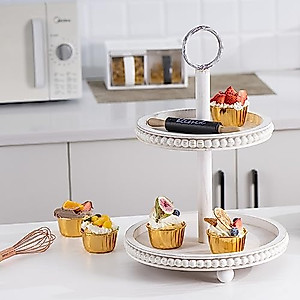 GenMous & Co. Rustic Wood Beaded 2 Tiered Tray Stand For Farmhouse Kitchen Table Decor, Rustic White Two Tiered Serving Tray For Food Fruits Cupcakes Display Coffee Bar Home Party Seasonal Decorations