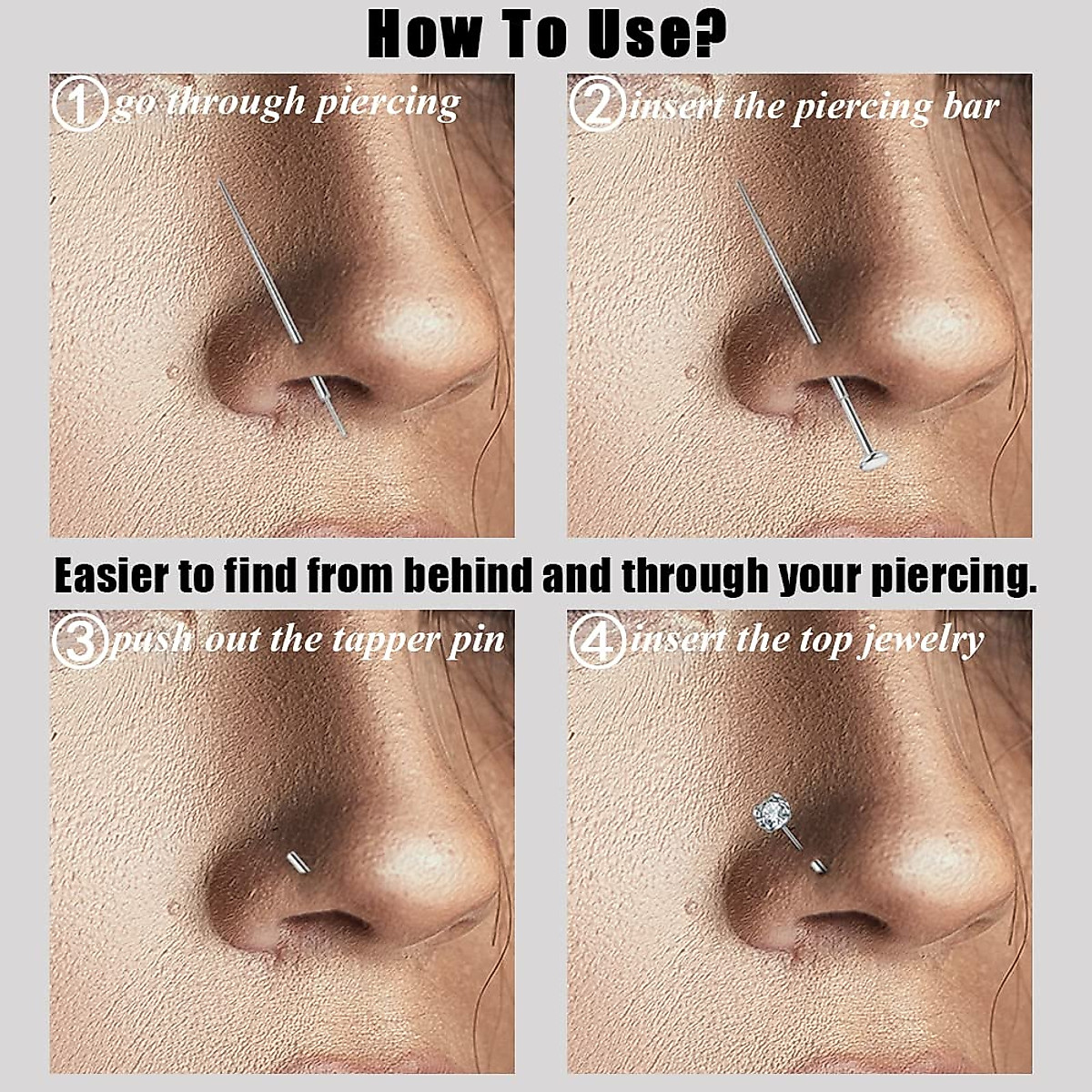 14g/16g/18g ASTM F136 Titanium Piercing Taper Insertion Pin for Internal Thread Tragus/Helix/Lip/Nose/Helix/Piercing Jewelry Cartilage Earrings Labret Nose Studs Stretcher Assistant Tool