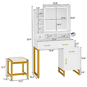 DWVO Vanity Desk with Mirror and Lights, Makeup Vanity with Lights and Drawers, Vanity Mirror with Lights and Table Set, 3 Color Adjustable Lighting Brightness & Power Outlet, White
