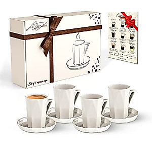 Porcelain Espresso Cups Set of 4 with Saucers - Comes with a Complimentary Espresso Drink Poster - Modern Dishwasher Safe Espresso Cup Set in Gift Box for any Occasion - 3.5 oz each, Ivory White.