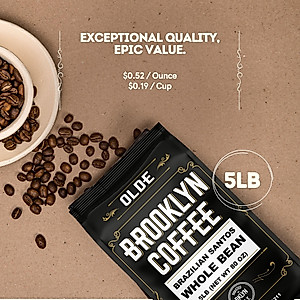 BROOKLYN COFFEE Whole Bean, Brazilian Santos Medium Roast (5lb) American, Breakfast, Classic - Fresh Bulk Coffee Beans Roasted Weekly in NYC