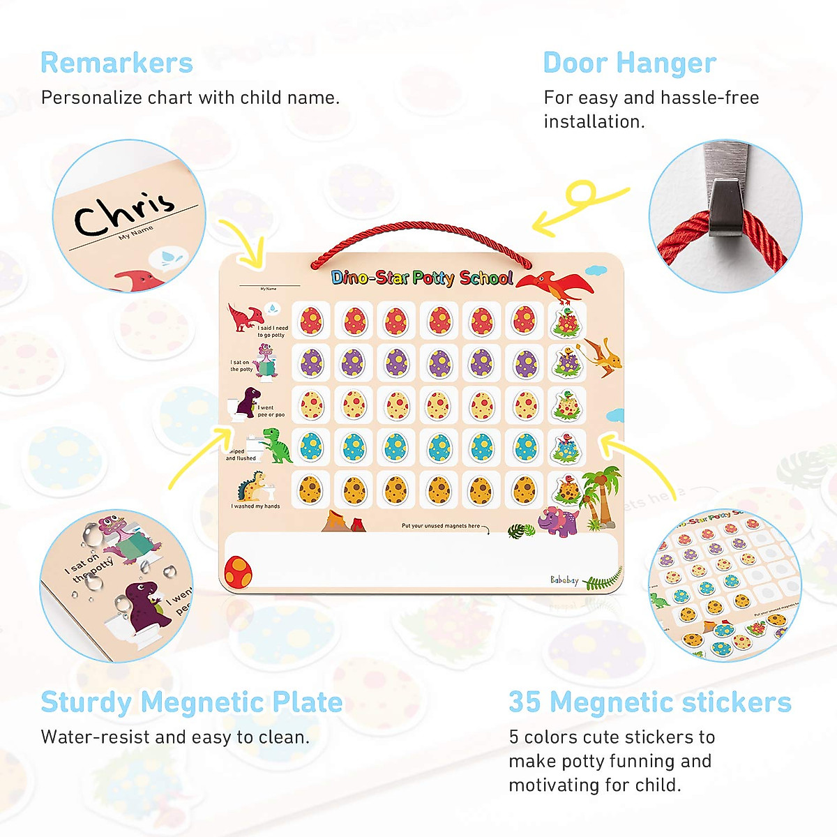 Potty Training Chart for Toddlers,Boys,Girls - Dinosaur Design - Magnetic Sticker Chart, Waterproof Magnetic Potty Training Reward Chart, Certificate, 3 Instruction Steps, 35 Magnetic Stickers (Beige)