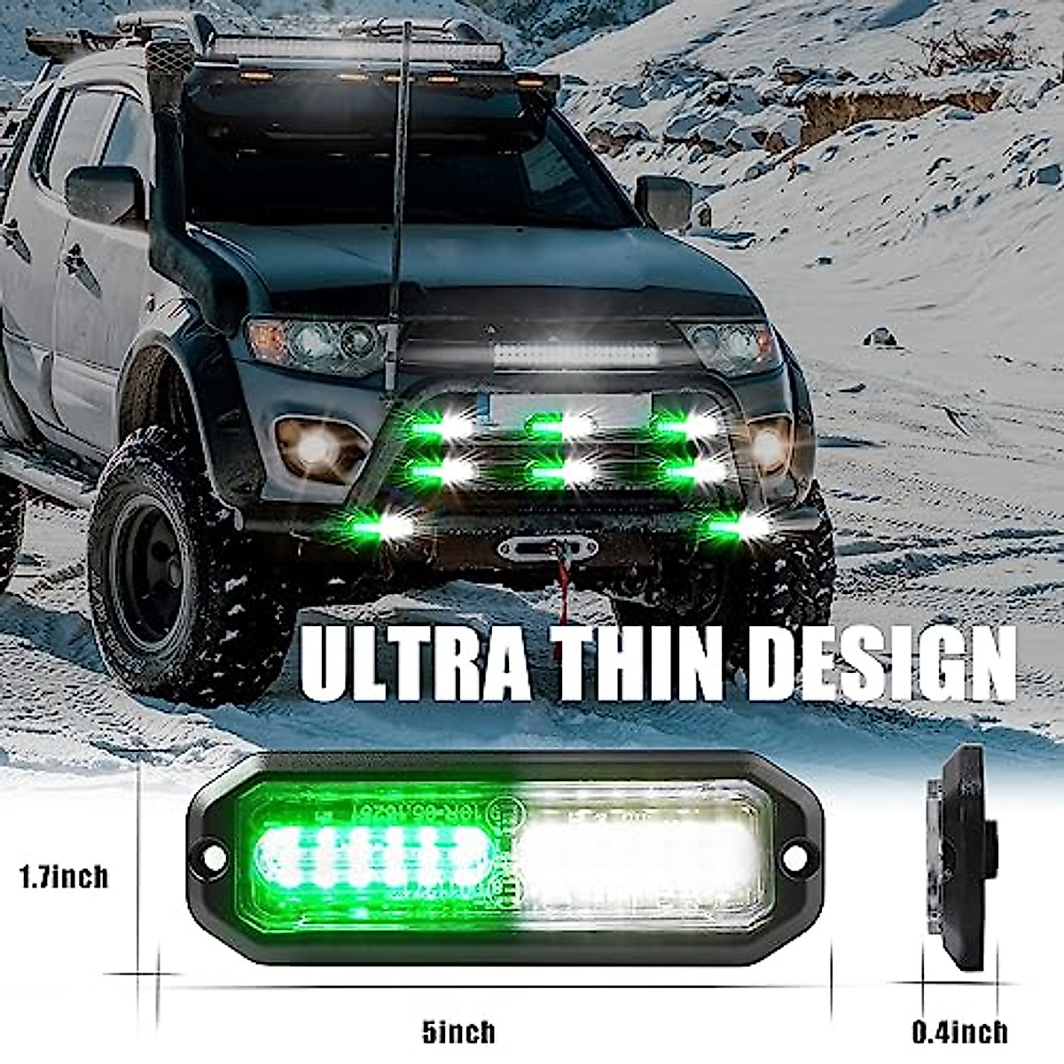 WINECO Green White led Strobe Lights for Trucks, Emergency Strobe Lights Kits for Construction Vehicles LED Surface Mount Grill Grille Light Flashing Warning Lights with Digital Controller 12 LED