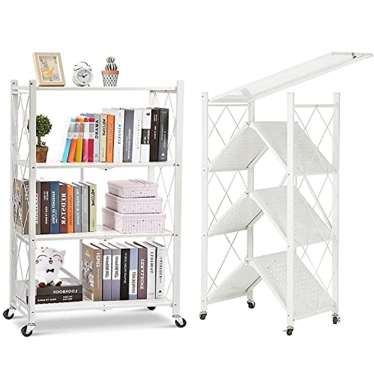 ShanSon Storage Shelves with Wheels 4 Tier Heavy Duty Foldable Metal Rack Storage Shelving Units for Garage Kitchen，White