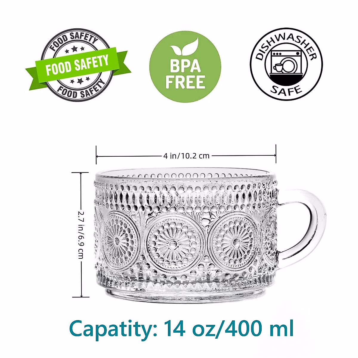 Amzcku Vintage Coffee Tea Cups, Glass Mugs 12 Oz Set of 2 Embossed Glassware with Handle, for Cappuccino, Latte, Cereal, Yogurt, Beverage Hot/Cold, Milk