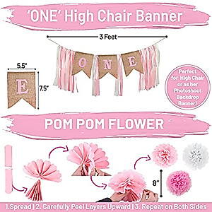 1st Birthday Girl Decorations WITH Birthday Crown- Baby First Birthday Decorations Girl - Pink and Gold Party Supplies - One Balloon, Heart and Confetti Balloons, Happy Birthday Banner ONE Cake Topper