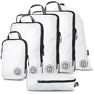 Extra Large Compression Packing Cube 6 Piece Set for Travel and Check Luggage (White/Grey)