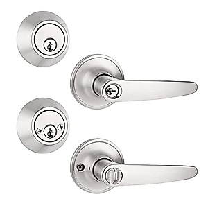 Probrico 2 Pack Door Handles Lever with Double Cylinder Deadbolts Combo, Keyed Alike Entry Door Knobs Handleset Lockset Leverset, Brushed Satin Nickel